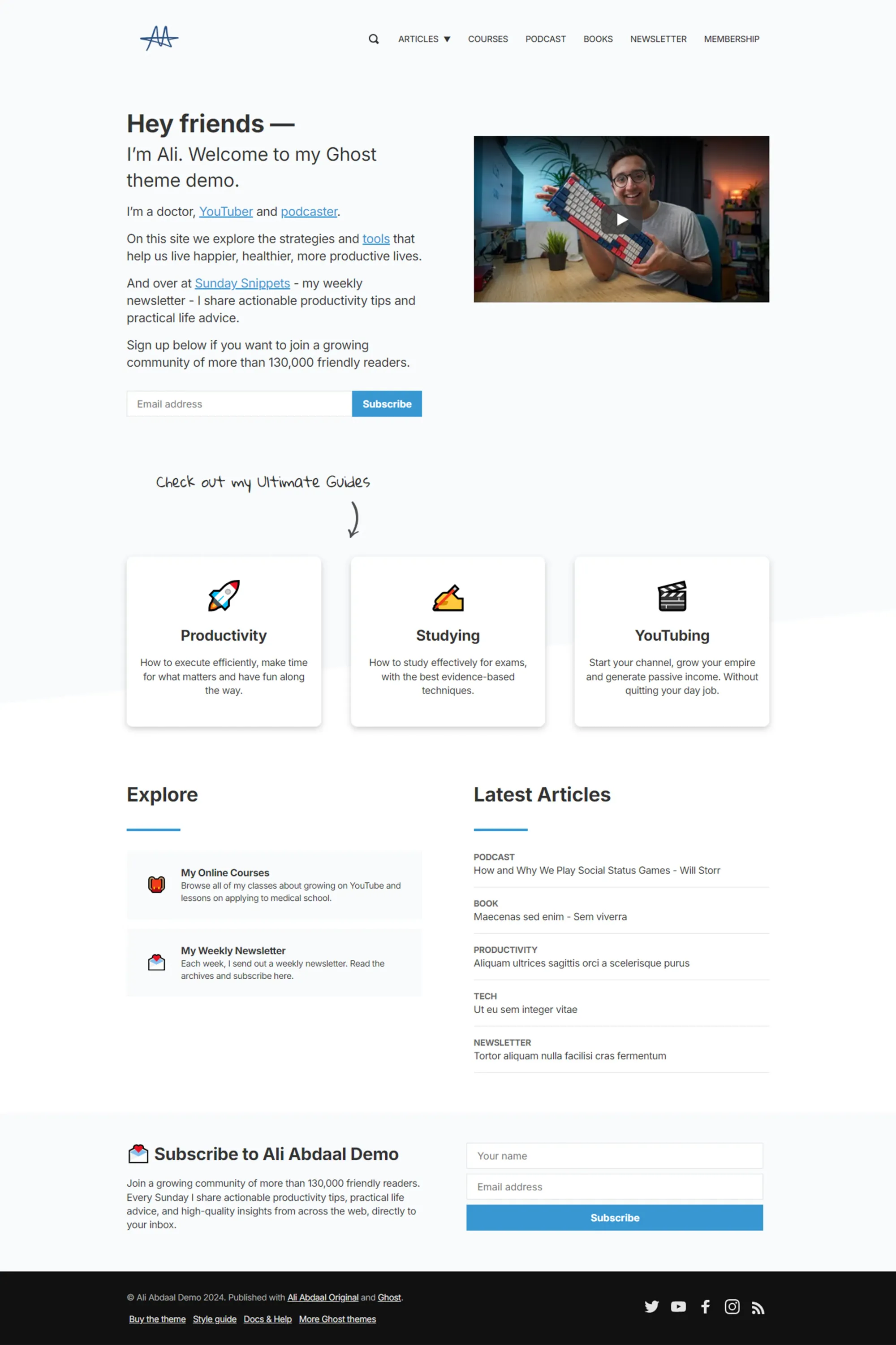 ️ Ali Abdaal Ghost Theme | Perfect for Blogs & Newsletters 🌟